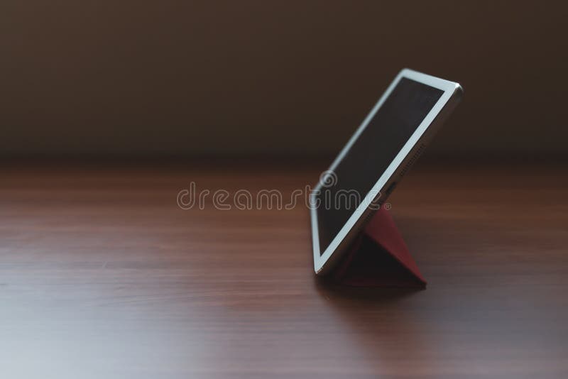 Side View of Office Equipment Such a Tablet Wooden Office Desk Stock ...