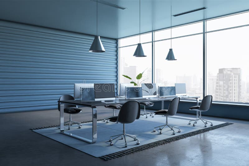 Side View on Office with Modern Computers on Work Table with Dark ...