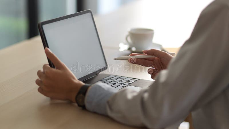Side View of Office Worker Hands Using Mock-up Tablet with Stylus Pen ...