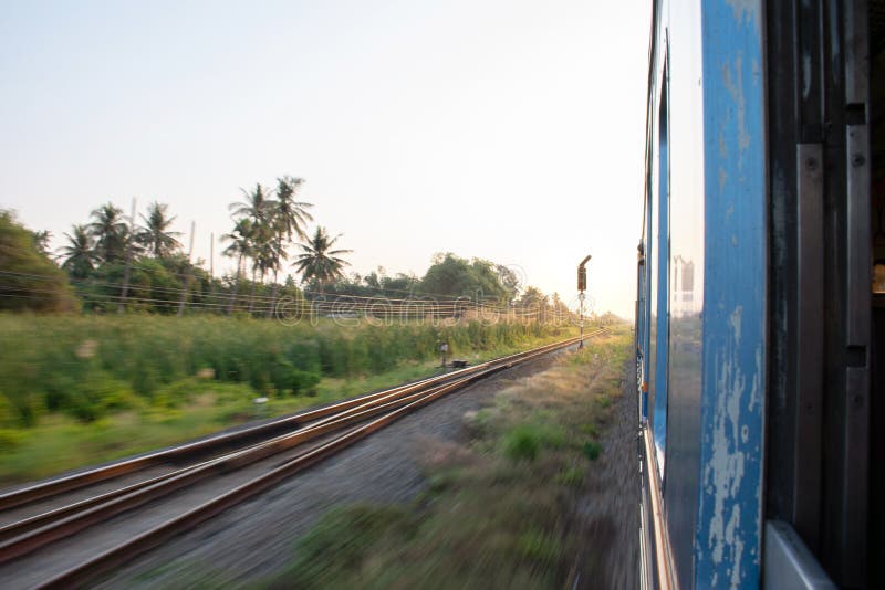 Side View of Old Passenger Train Moving through Natural Landscape Stock ...