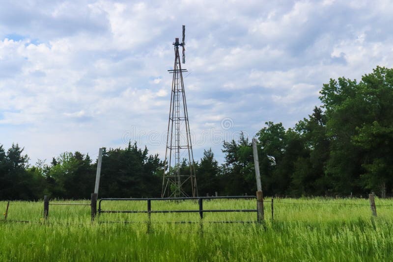 Side View of an Old Rustic Windmill on Nebraska Pasture Landscape Stock ...