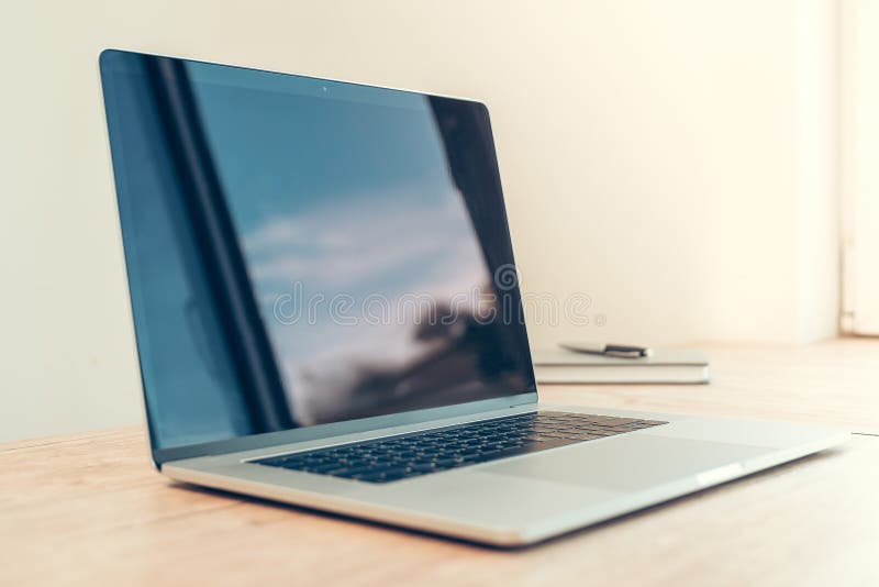 Side View. Open Laptop on the Desktop Stock Image - Image of modern ...