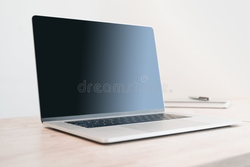 Side View. Open Laptop on the Desktop Stock Photo - Image of mobile ...