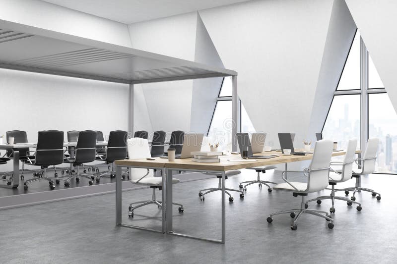 Side View of an Open Office with Triangular Windows Stock Illustration ...