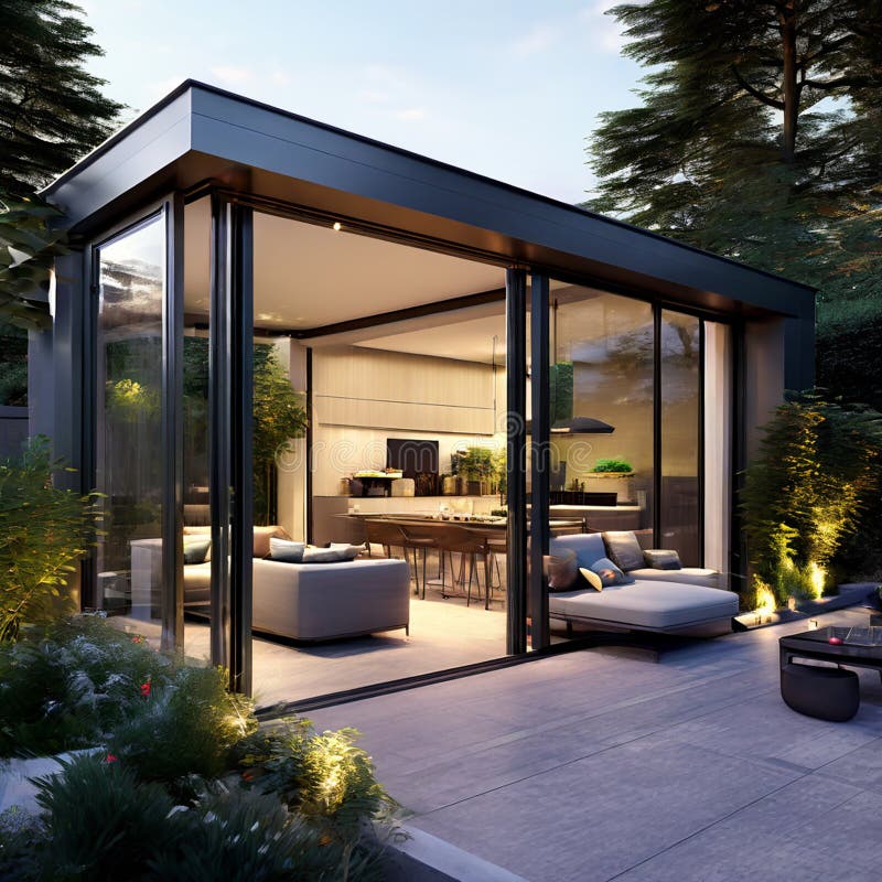 Side View of Open Plan Kitchen with Living Room and Garden View Stock ...