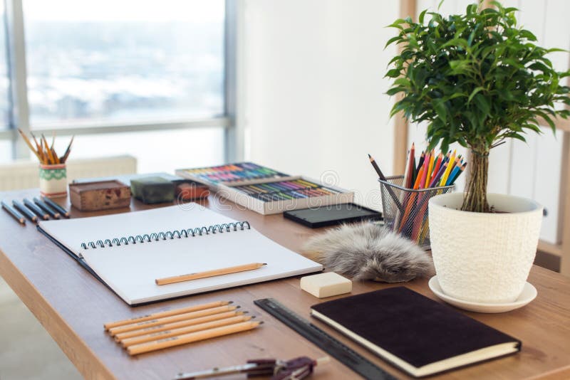 Side View of a Painter Workspace. Wooden Desk with Artistic Tools ...