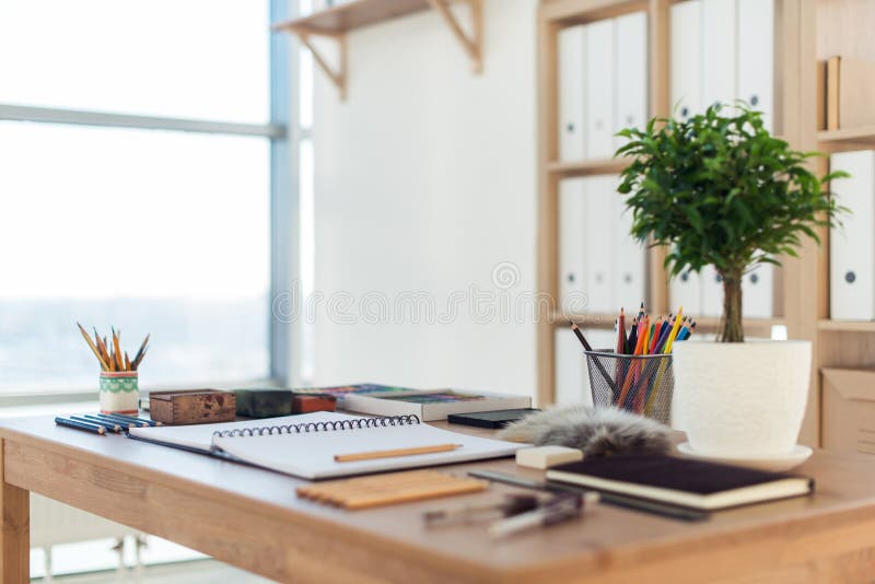 Side View of a Painter Workspace. Wooden Desk with Artistic Tools ...