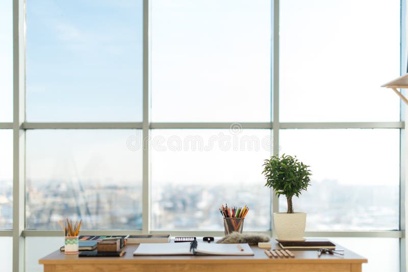 Side View of a Painter Workspace. Wooden Desk with Artistic Tools ...