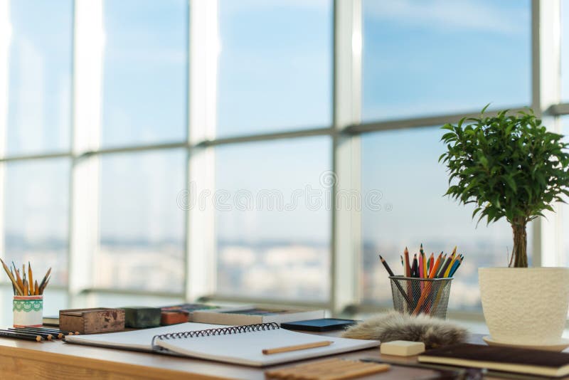 Side View of a Painter Workspace. Wooden Desk with Artistic Tools ...