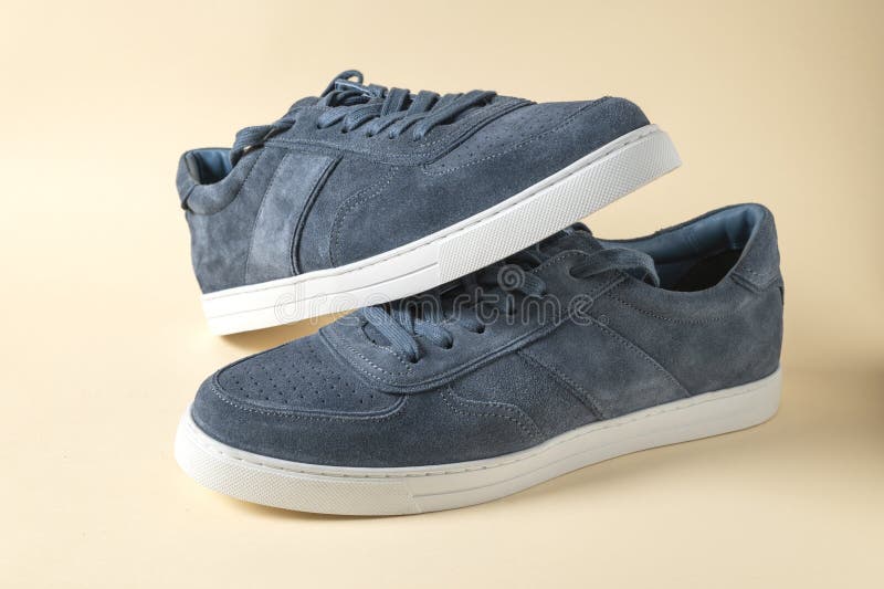 Side View of Pair Blue Color Men S Leather Sneakers on Sand Color ...