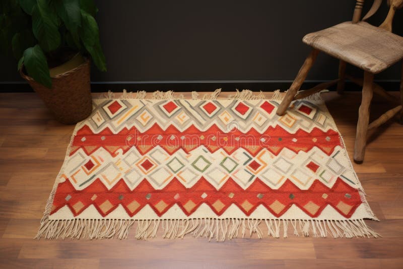 Side View of Patterned Kilim Rug with Fringes Stock Image - Image of ...