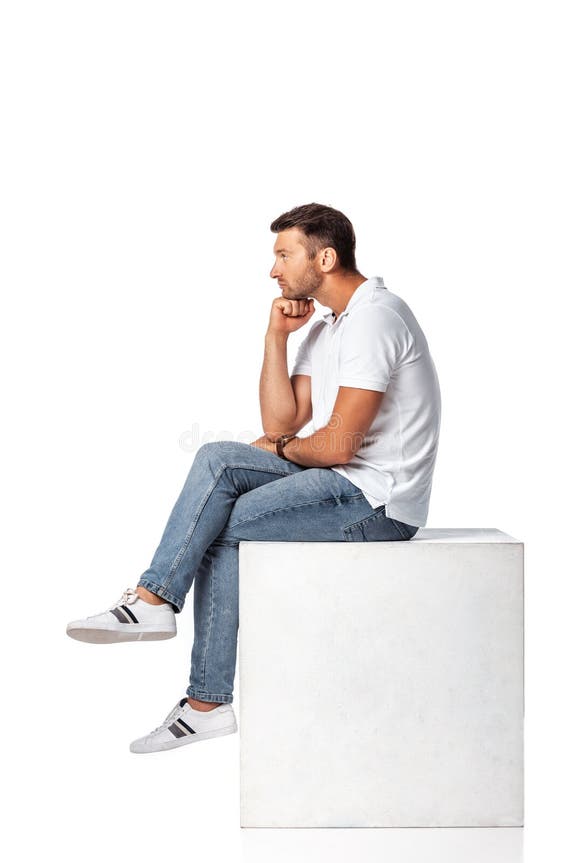 Side View of Pensive Man in Stock Image - Image of cube, jeans: 190575295