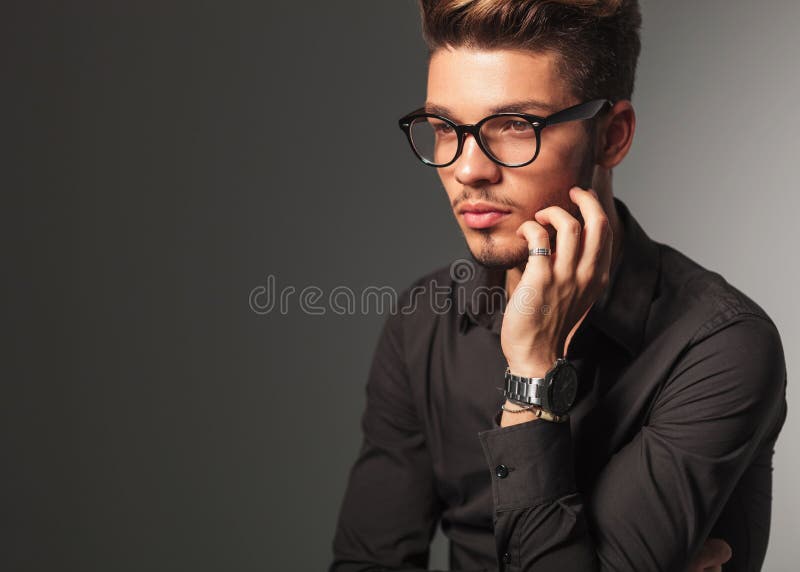 Side View of a Pensive Young Man with Glasses Stock Image - Image of ...