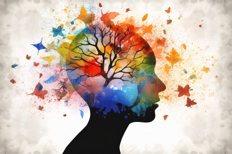 Side View of a Person with Colourful Drawings and Paint Splashes Inside ...