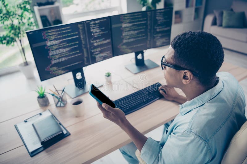 Side View Photo Of Busy Coder Hacker Young Guy Working Office Trying Input His Mobile App To