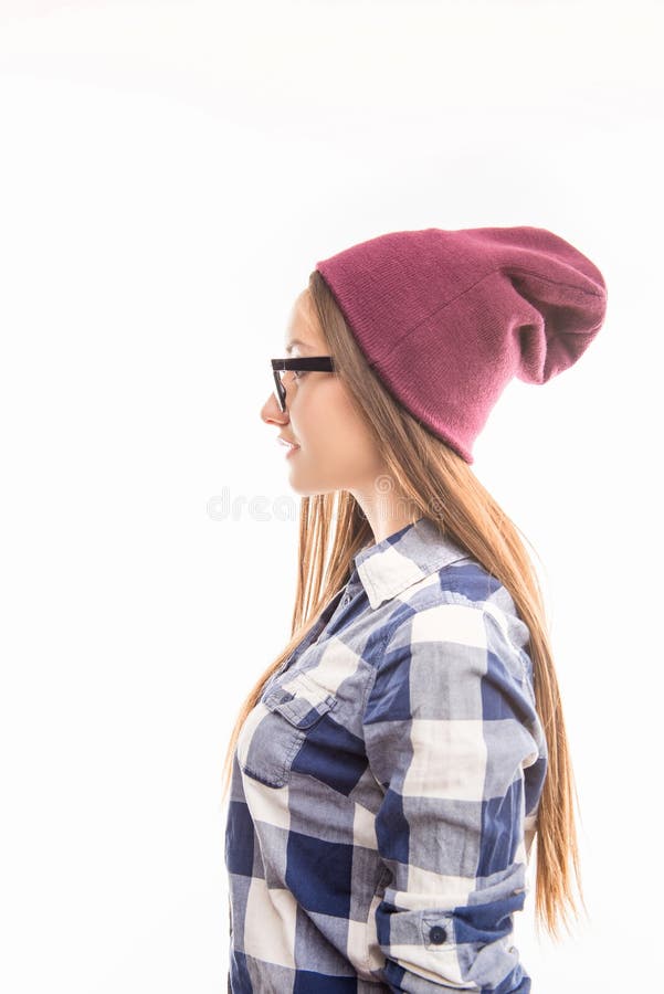 Side View Photo of Girl in Glasses and Violet Cap Stock Photo - Image ...