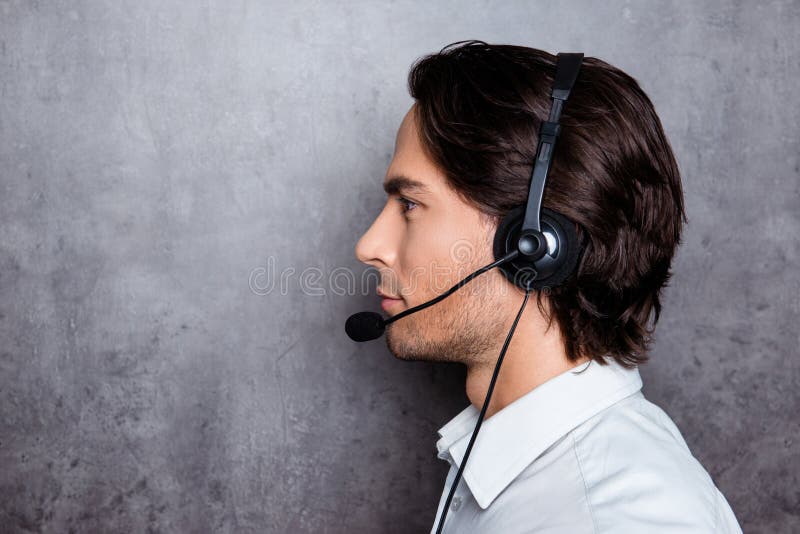 Side-view Photo of Handsome Young Operator in Call-center with ...