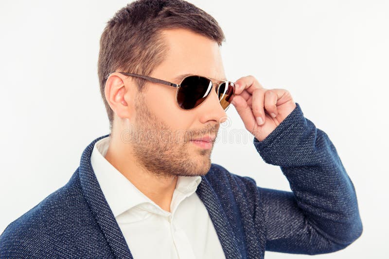 Side View Photo of Serious Man Touching Spectacles Stock Photo - Image ...