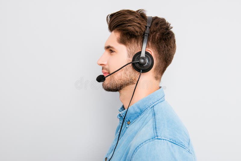 Side View Photo of Young Agent of Call-centre with Headphones Stock ...