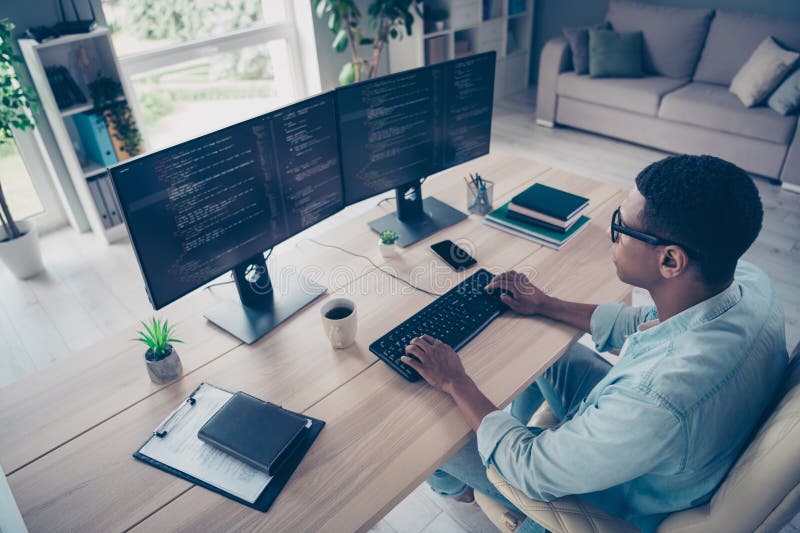 Side View Photo of Young Representative Web Designer Man Working on New Project Coding Html Css ...