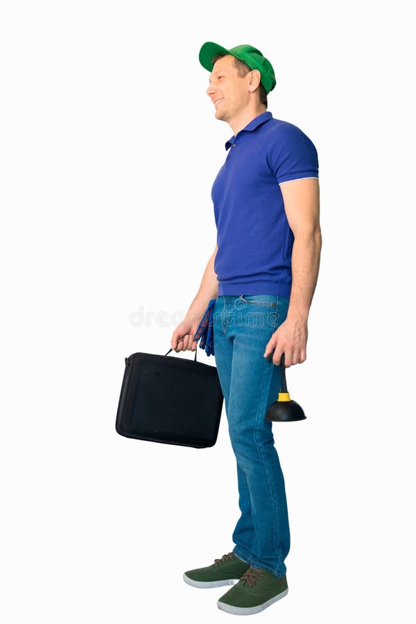 Side View of Plumber Holding Plunger and Toolbox Isolated on White ...