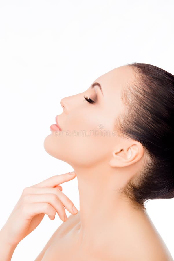 Side View Portrait of Beautiful Sensitive Woman Touching Her Neck Stock ...