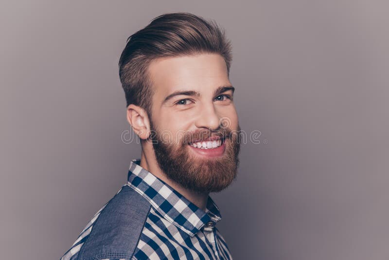 Side View Portrait of Cheerful Stylish Man with Beaming Smile Stock ...