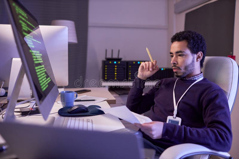 It Developer Working at Night Writat Desk in Office Stock Image - Image ...