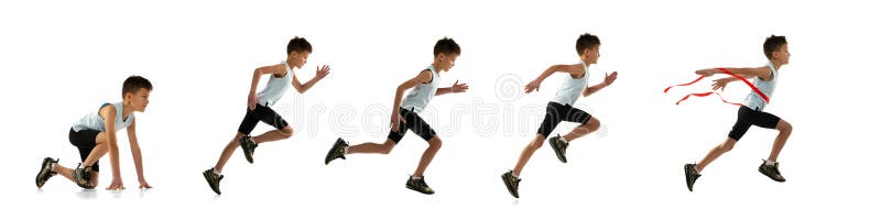 Side View Portrait of Little Boy in Motion, Running Isolated Over White ...