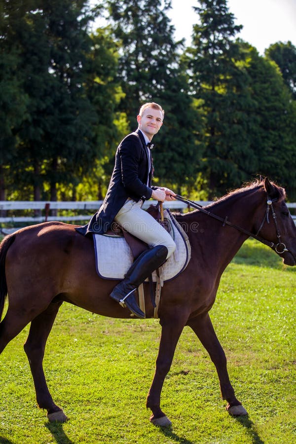 Side View Portrait of Man Riding Horse on Field Stock Image - Image of ...