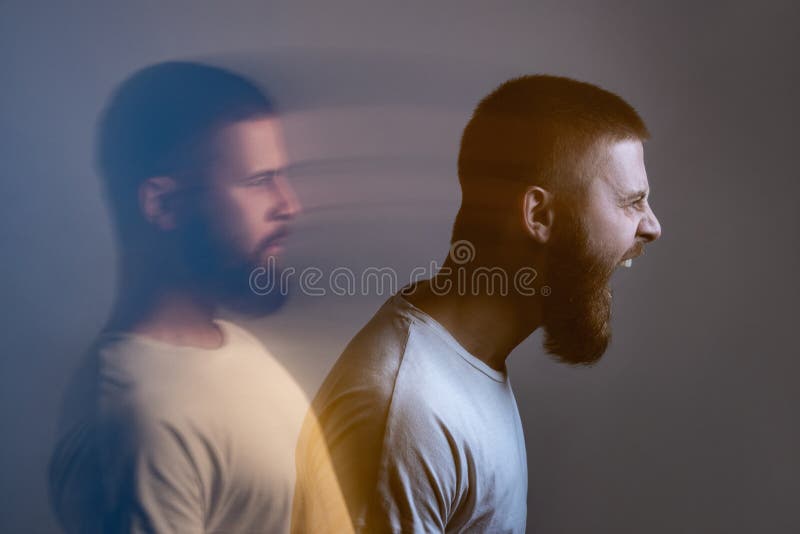 Side View Portrait of Two-faced Man in Calm Serious and Angry Screaming ...