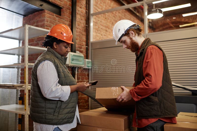 Workers Examining Boxes in Warehouse Stock Photo - Image of industry ...