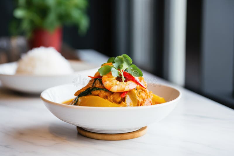 Side View of Prawn Curry Dish with Steamed Rice Mound Stock Photo ...