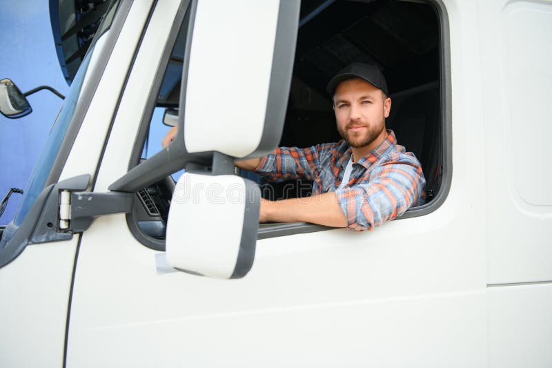 Side View of Professional Driver Behind the Wheel in Truck& X27;s Cabin ...