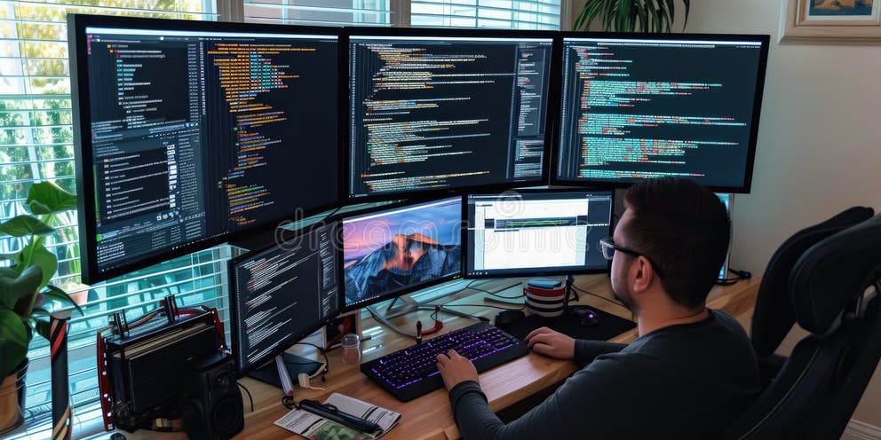 Side View Of Software Developer Coding Program Or Engineering Prompt Aig42 Stock Image Image
