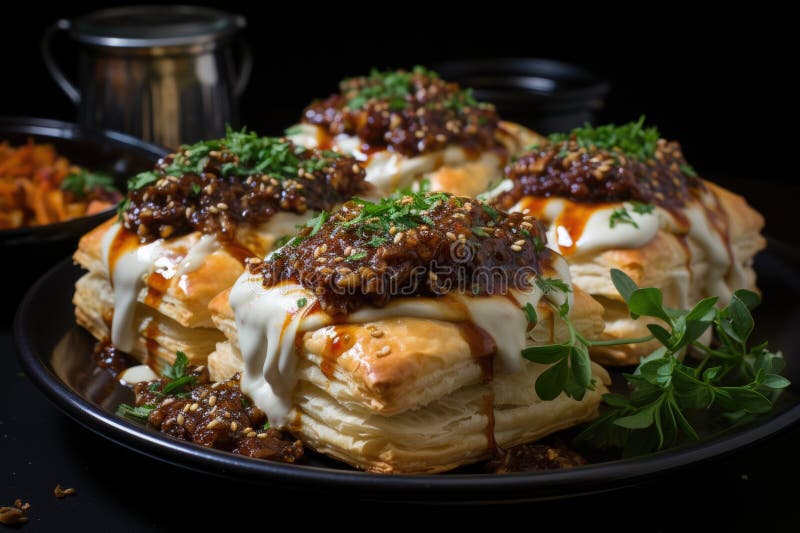 Side View of Puff Pastry with Ground Beef Sesame Seeds and Biscuits ...
