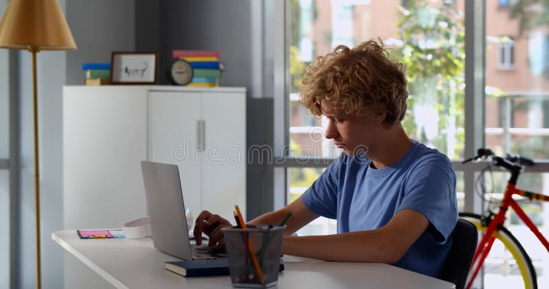 Side View of Pupil Boy Using Typing Laptop Computer Doing Online Lesson ...