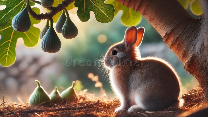 A Side View of a Rabbit Sitting Under a Fig Tree Stock Illustration ...
