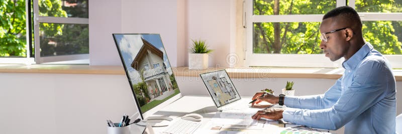 Real Estate Designer Working on Computer Stock Image - Image of ...