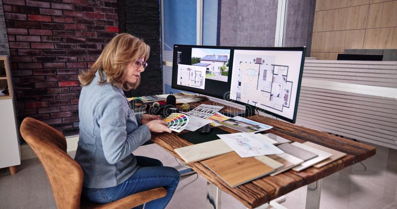 Side View of Real Estate Designer Working on Computer Stock Image ...