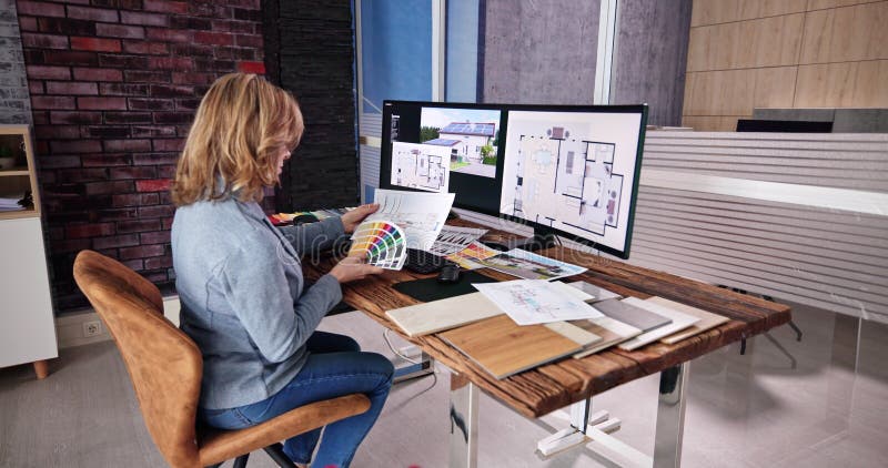 Side View of Real Estate Designer Working on Computer Stock Photo ...