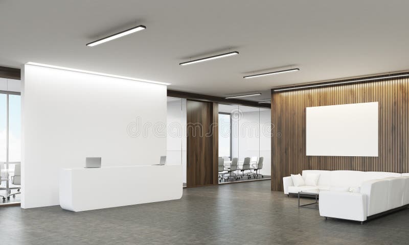 Side View of Reception Desk and Sofas Stock Illustration - Illustration ...