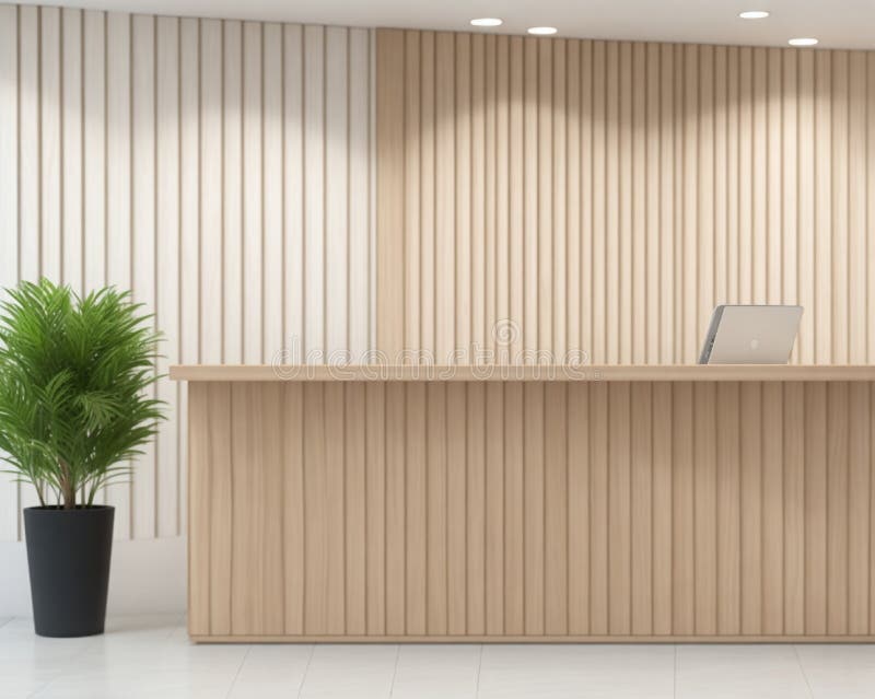 Side View of a Reception Desk Standing in an Office with Light Wooden ...