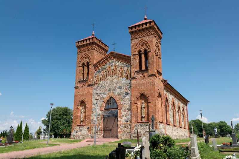 Side View of Rectangular Plan, Two-tower Church with Neo-Gothic ...