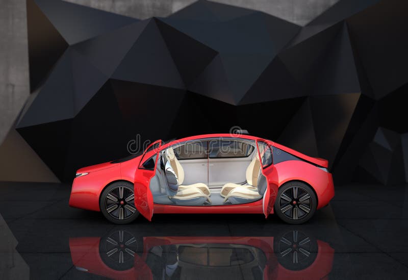 Side View of Red Autonomous Car in Front of Geometric Object Background ...