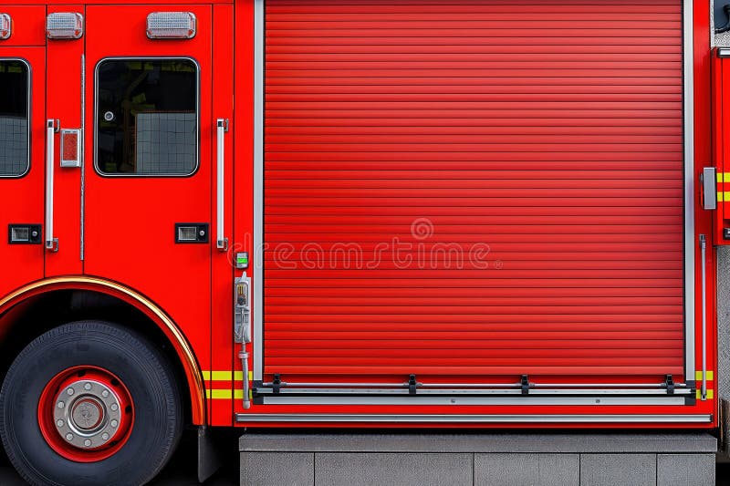 Side View of a Red Fire Engine with Closed Roller Door in Front of City ...