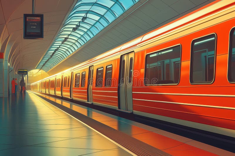 Side View of a Red Subway Train in a Popular Station Stock Illustration ...