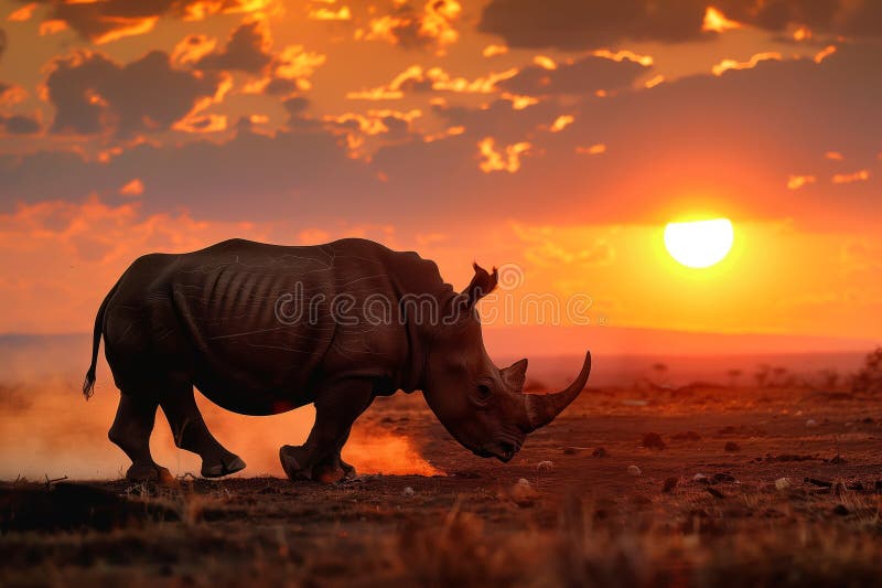 Side View of Rhino Walking Under Fiery Sunset Stock Image - Image of ...