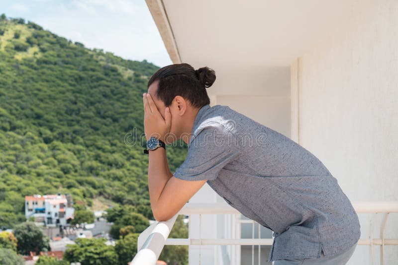 Side View of a Sad Man on a Balcony Stock Image - Image of domestic ...