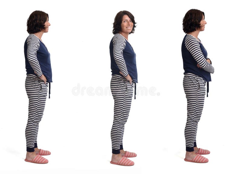 Side View of a Same Woman in Pajamas on White Background Stock Image ...